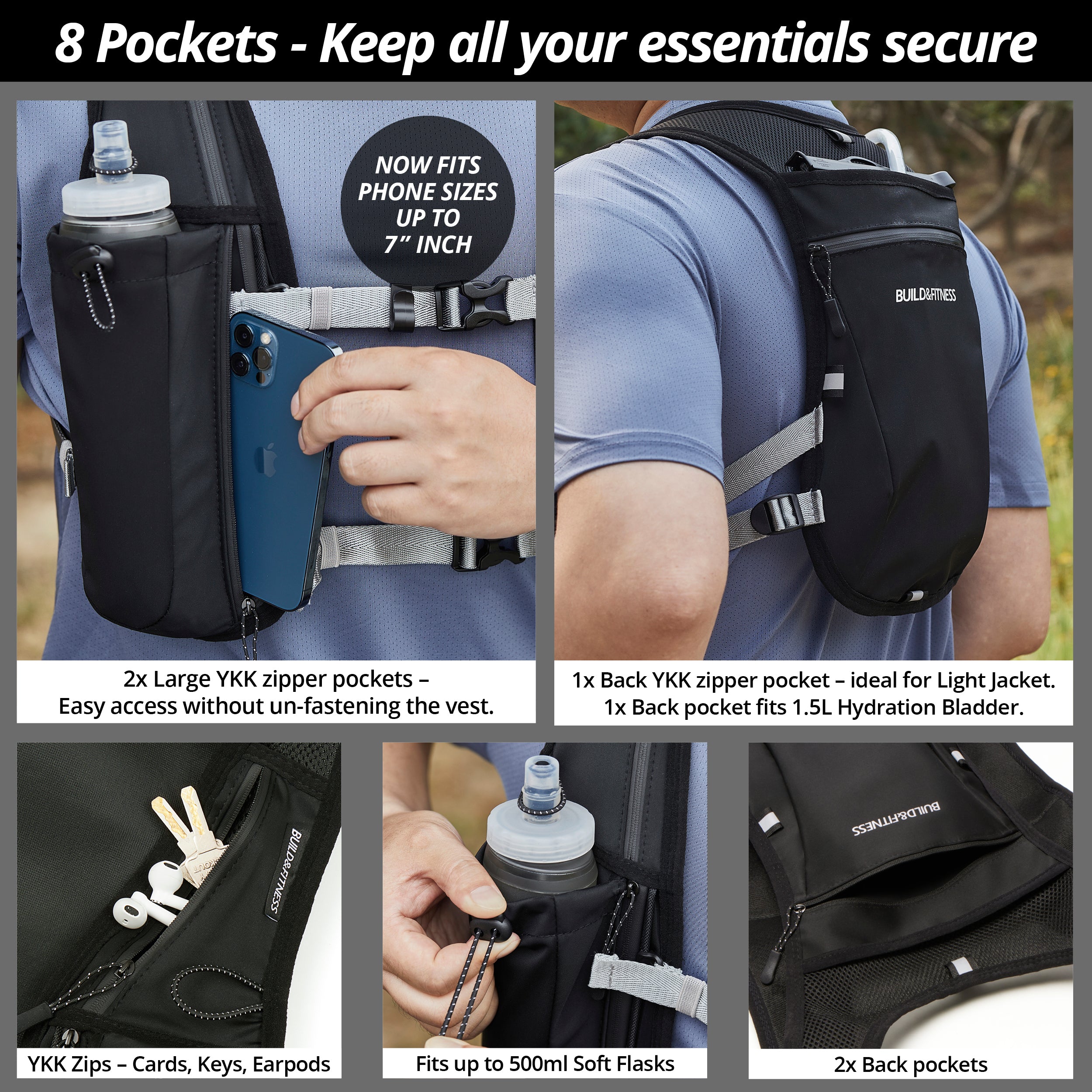 Black Hydration Running Vest + 1.5L Bladder – Build & Fitness®