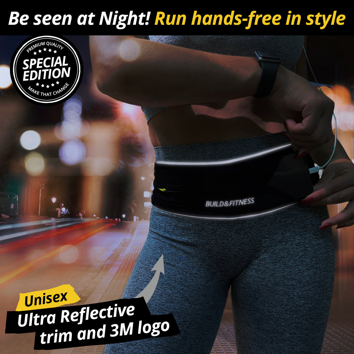 Black Reflective Classic Running Belt | Build & Fitness®